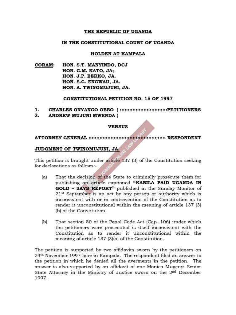 Charles Onyango Obbo & Andrew Mwenda V Attorney General | PDF | Burden ...