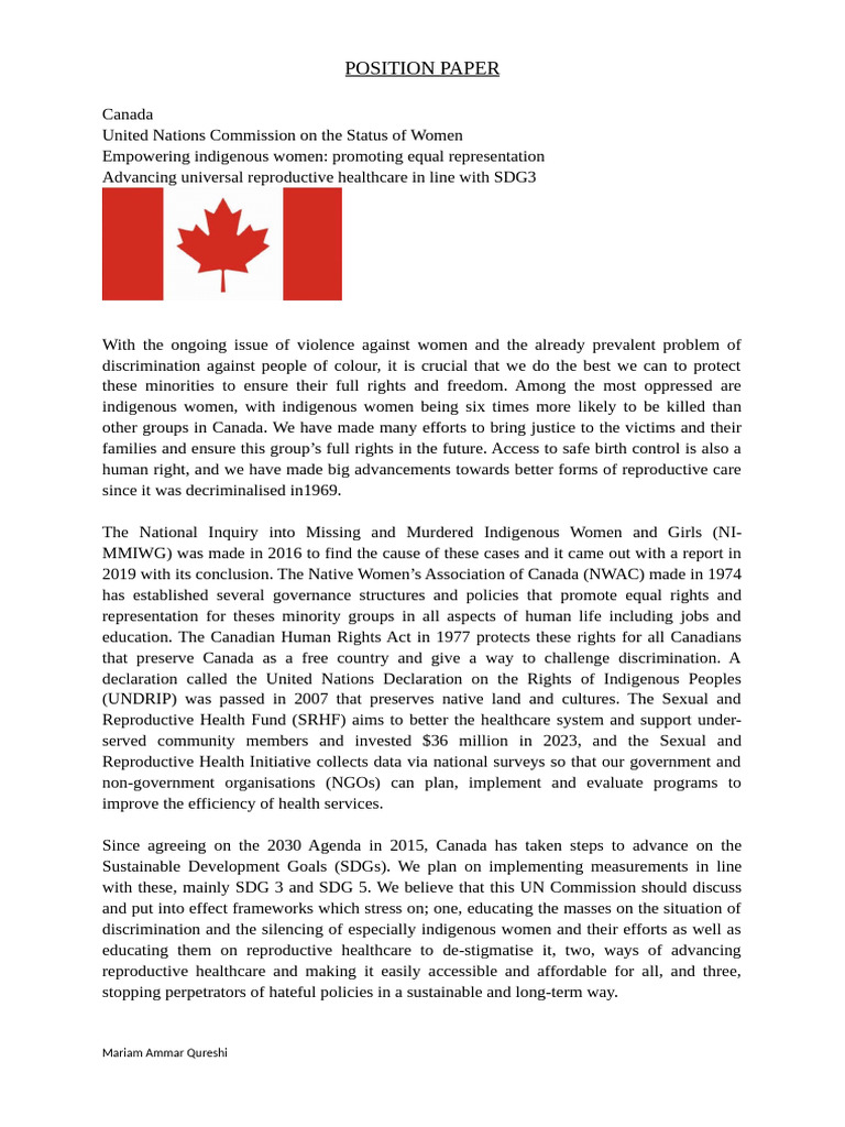 Position Paper - Canada UNCSW | PDF | Woman | Women's Rights