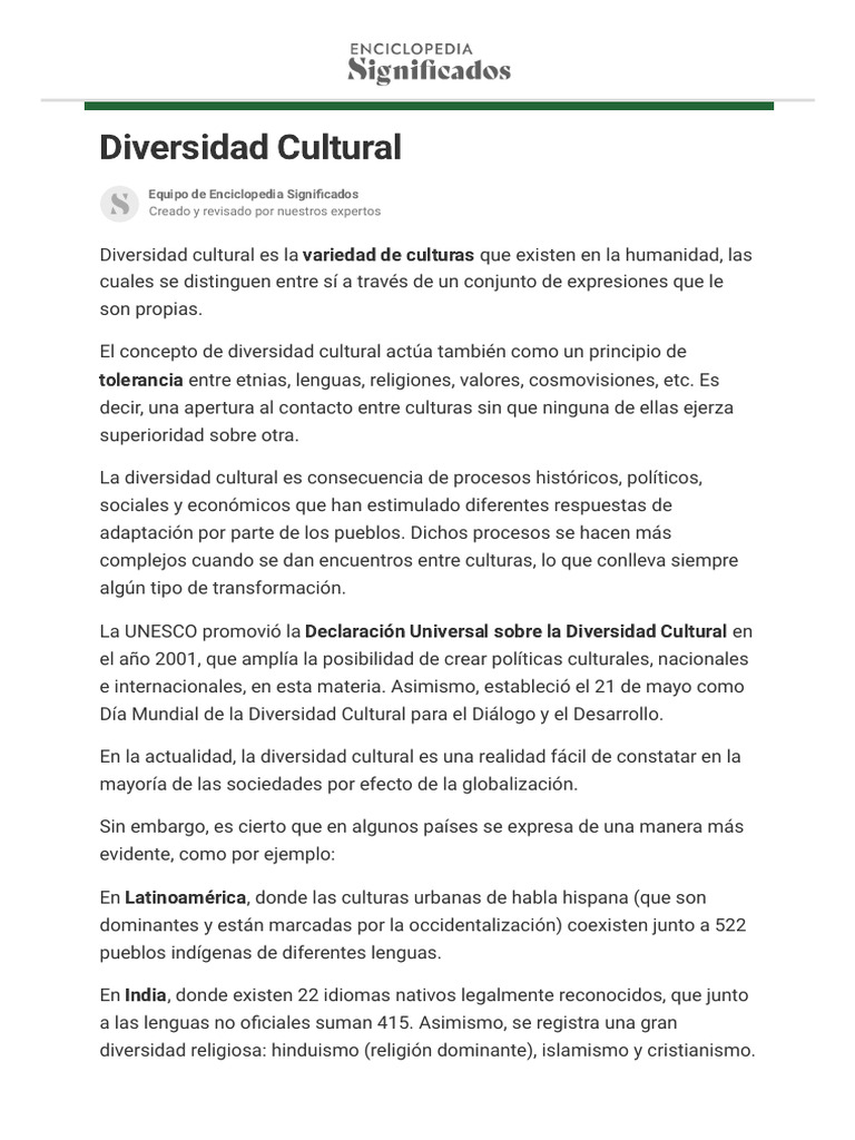 Diversidad Cultural (Qué Es, Elementos y Ejemplos) - Enciclopedia Significados | PDF | Sociedad ...