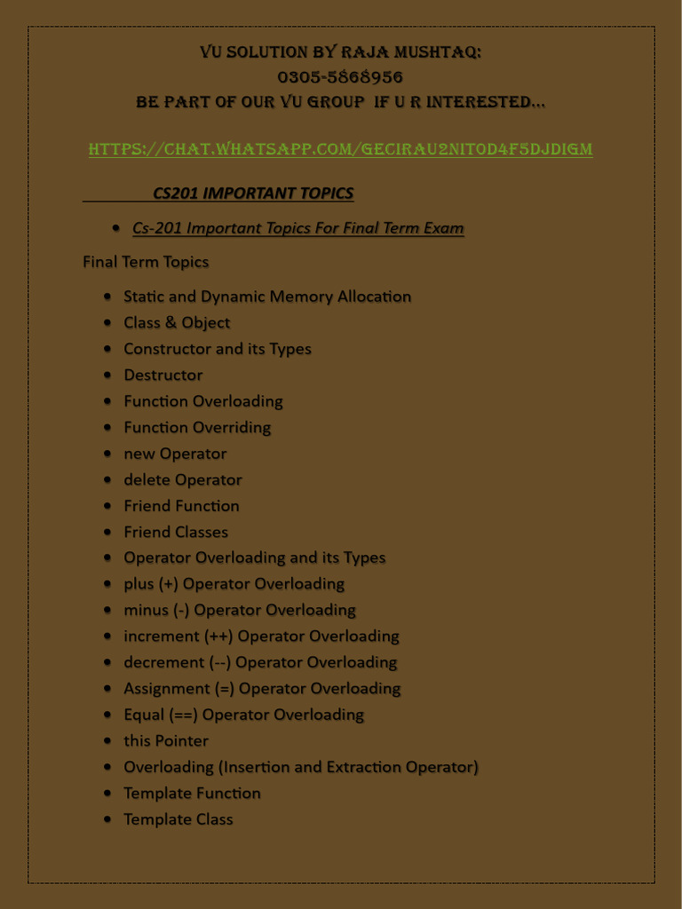 CS201 Final Term IMPORTANT TOPICS by R - M | PDF