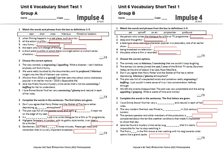 Unit 6 Vocabulary Test for Impulse 4 | PDF