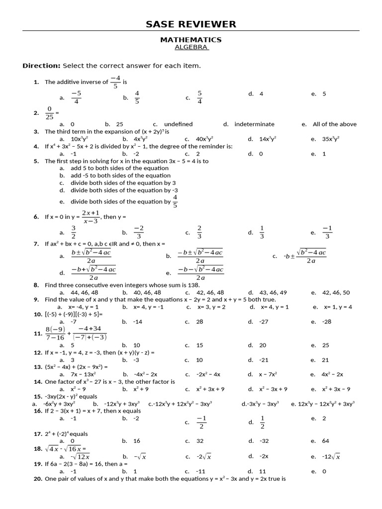 SASE-REVIEWER-MATH | PDF | Odds | Equations