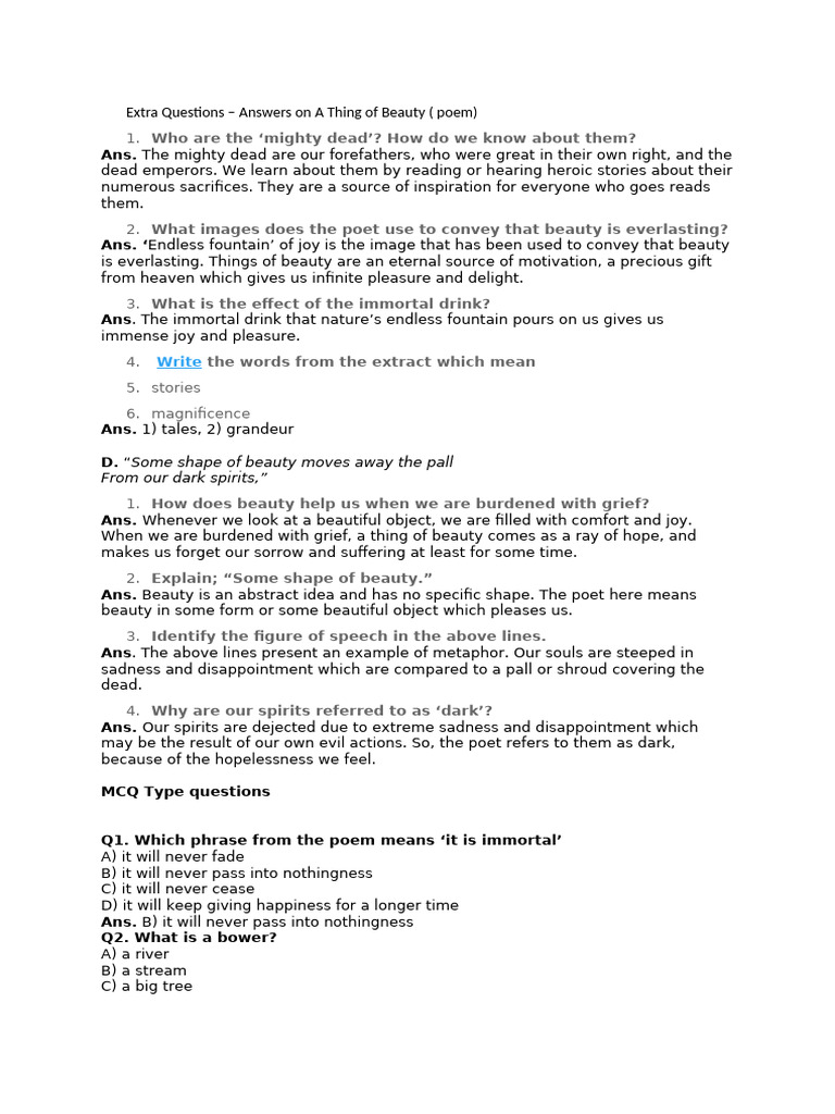 A Thing of Beauty: Extra Questions Guide | PDF | Beauty | Pleasure