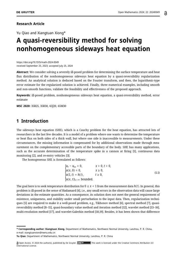 A Quasi-Reversibility Method For Solving Nonhomogeneous Sideways Heat Equation | PDF | Heat ...