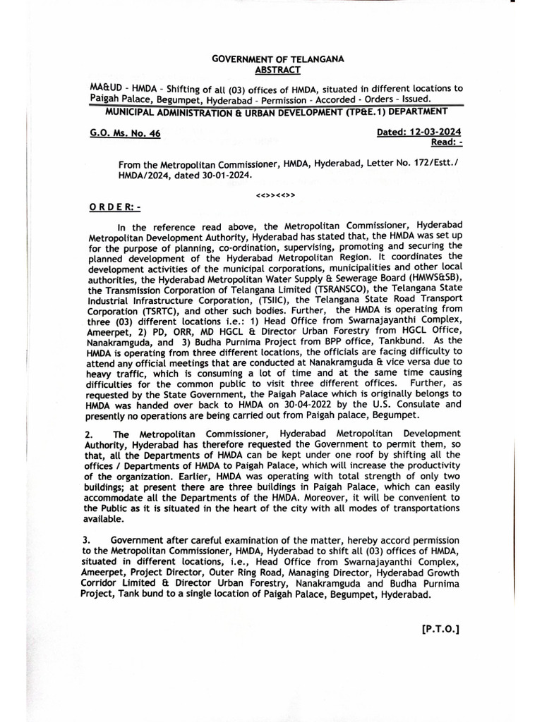 G.O.Ms - No.46 - Shifting of All Offices of HMDA To Paigah Palace ...