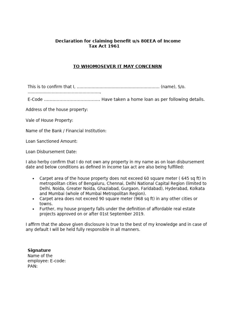 Declaration For Section 80EEA | PDF