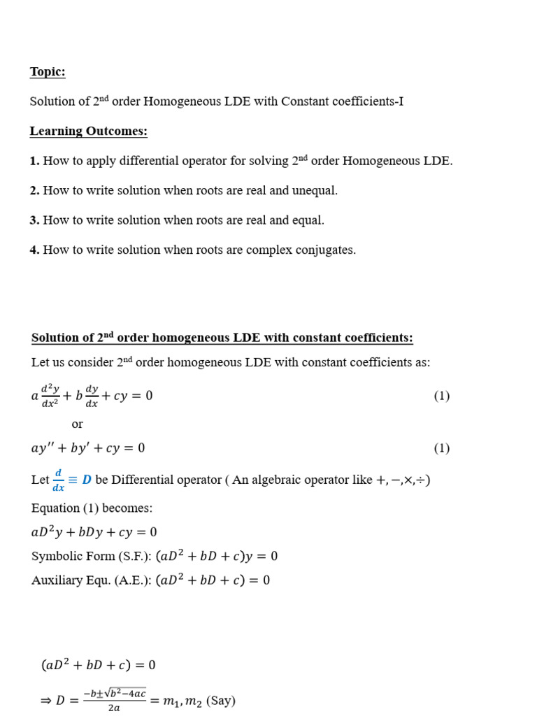 Unit2-3 Solution of 2nd Order Homogeneous LDE With Constant Coefficients I | PDF | Equations ...