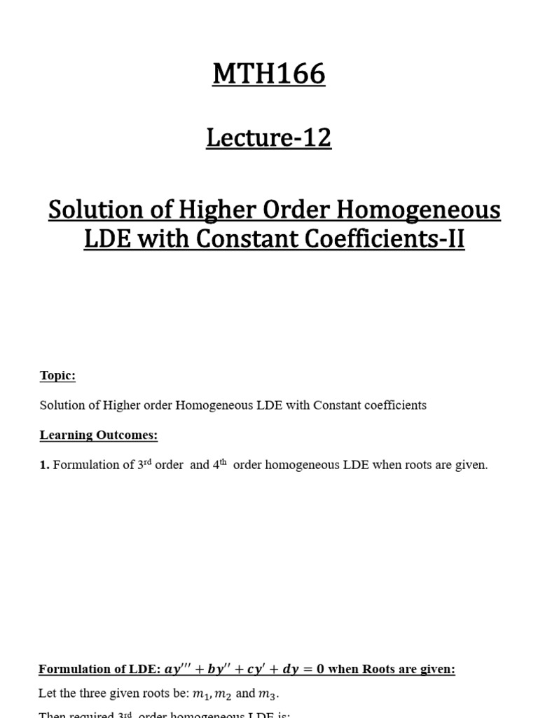 Unit2-6 Solution of Higher Order Homogeneous LDE With Constant Coefficients II | PDF | Applied ...