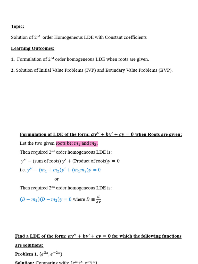 Unit2-4 Solution of 2nd Order Homogeneous LDE With Constant Coefficients II | PDF | Subtraction ...