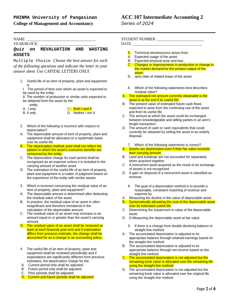 ACC107 Q6 Set A Answer Key 1 | PDF | Depreciation | Historical Cost