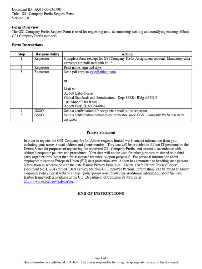 GS1 Company Prefix Request Form | PDF | Computing
