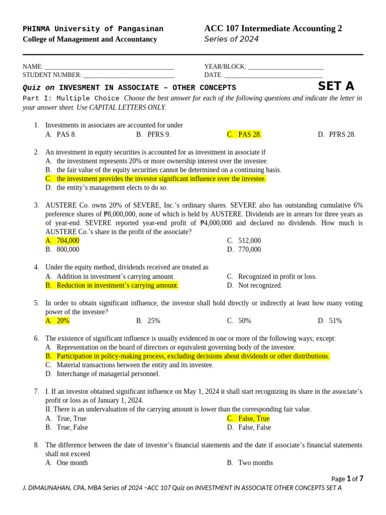 ACC107 Q1 C18A Investment in Associate Other Concept Set A Answer Key Series of 2024 | PDF ...