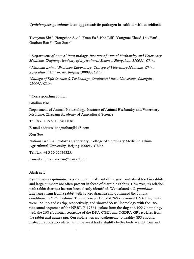 Cyniclomyces guttulatus is an opportunistic pathogen in rabbits with ...