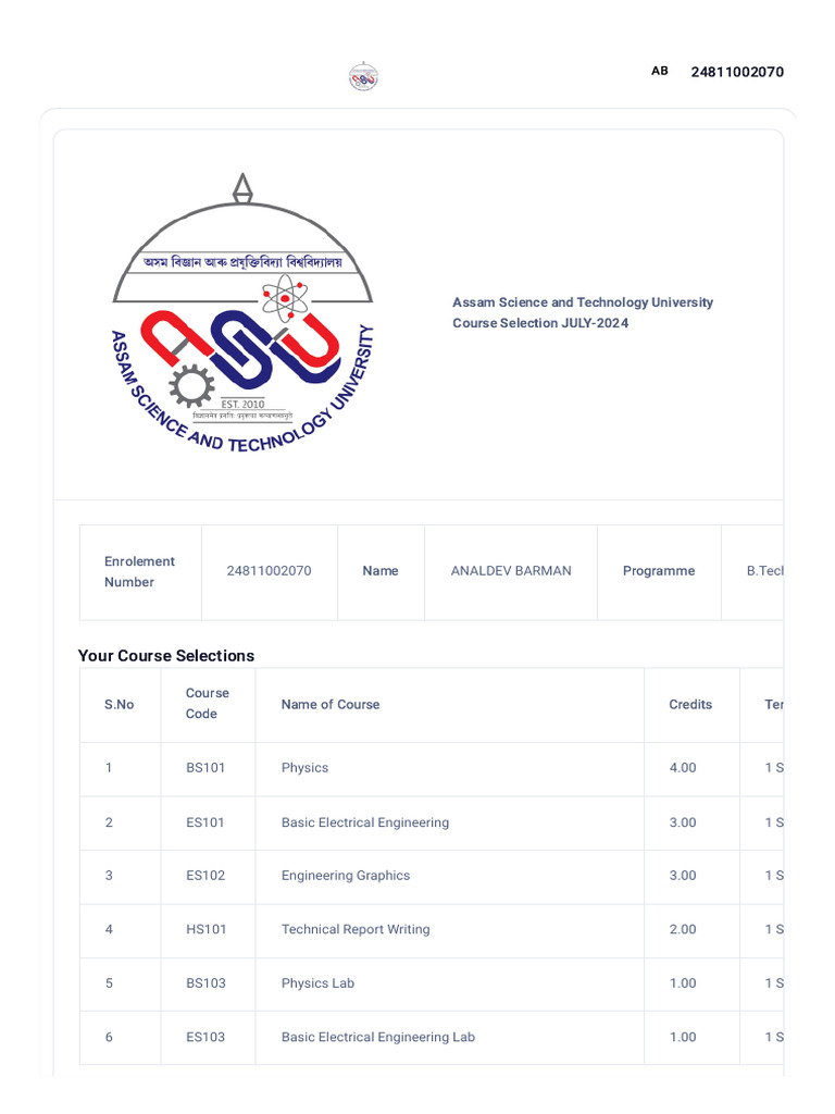 B.Tech Course Selection July 2024 | PDF