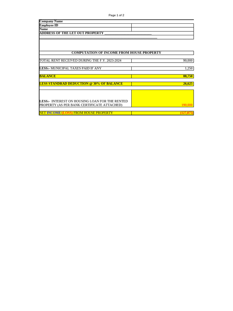 Loss - Income On Let Out House Property Template | PDF