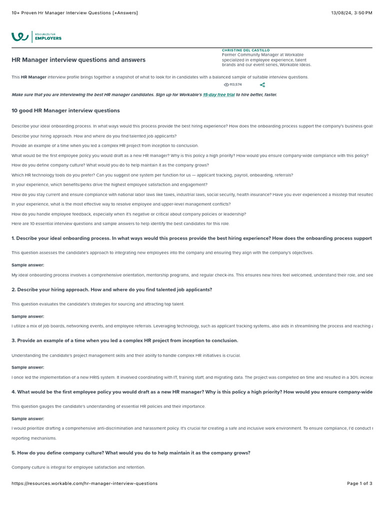 10+ Proven HR Manager Interview Questions (+answers) | PDF | Leadership ...