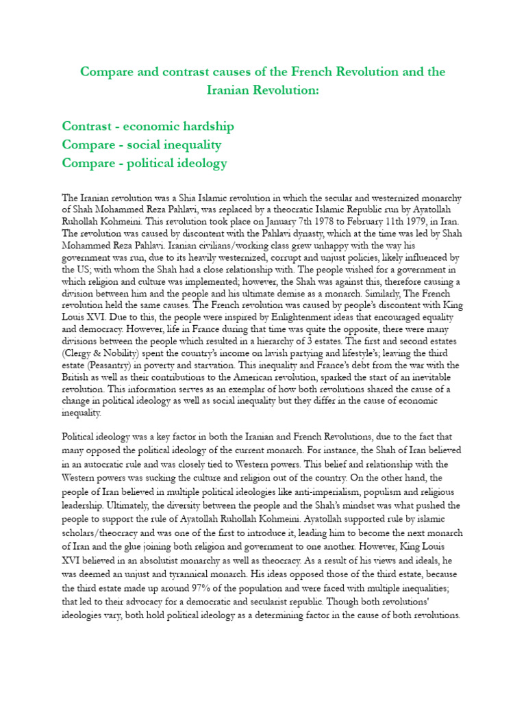 Compare and Contrast Causes of The French and Iranian Revolutions | PDF ...