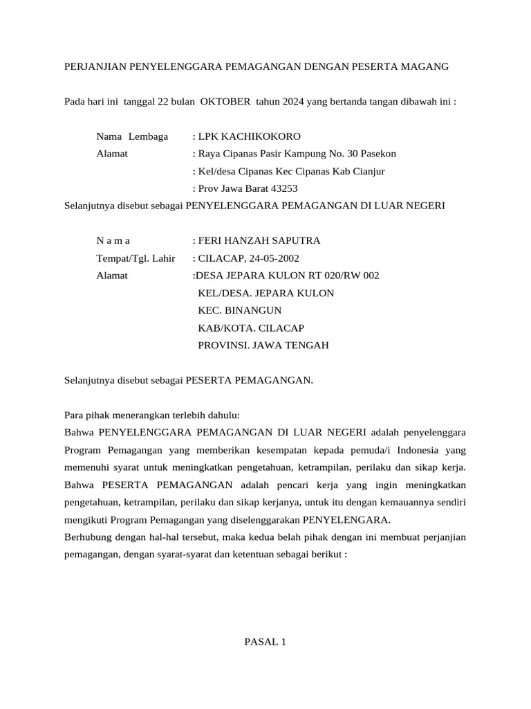 Surat Perjanjian Pemagangan Feri Hanzah Saputra | PDF