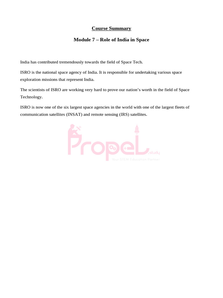 Space Module 7 Role of India in Space Course Summary 2022 | PDF