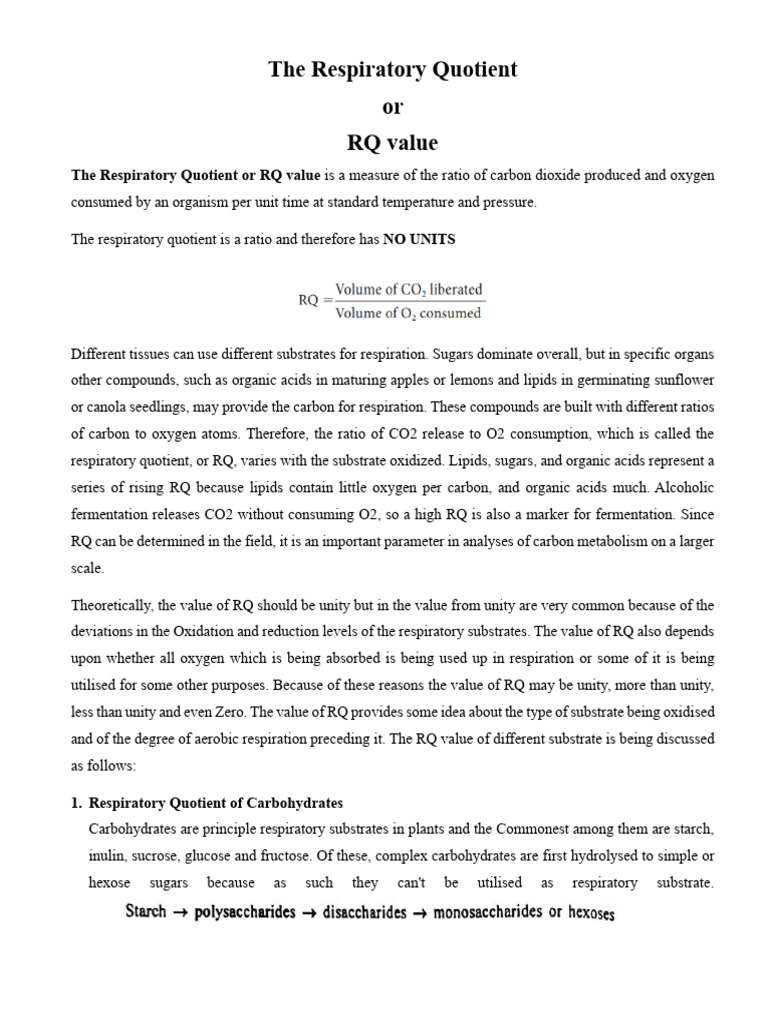 Respiratory Quotient RQ | PDF | Cellular Respiration | Carbohydrates