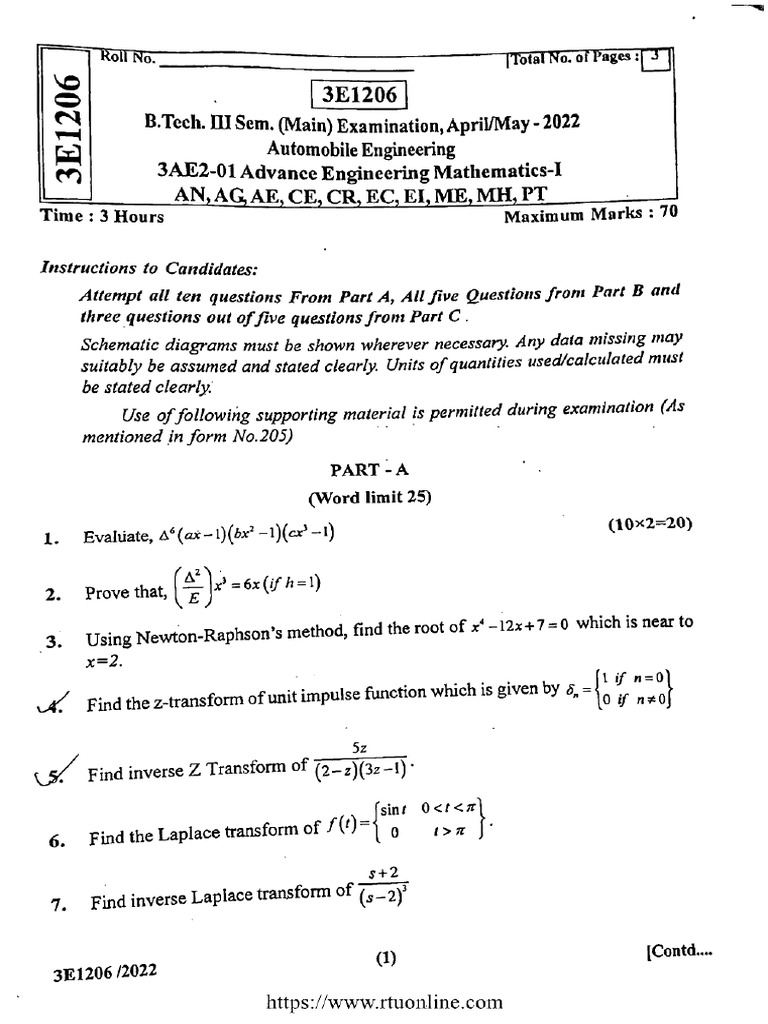 Btech 3 Sem Advance Engineering Mathematics 1 3e1206 May 2022 | PDF