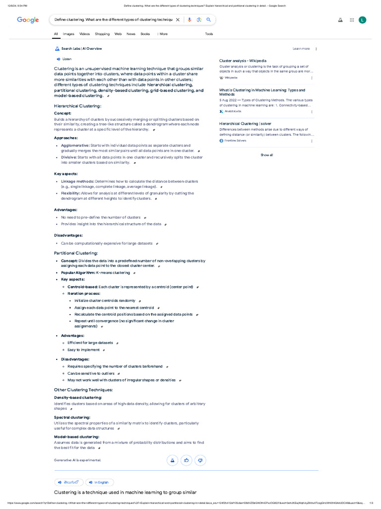 Define Clustering What Are The Different Types Of Clustering Techniques Explain Hierarchical