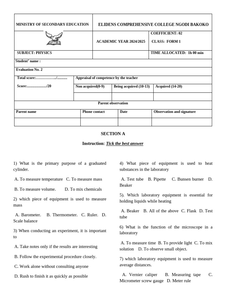 Physics Form 1 Eval 2 Elidens | PDF | Heat | Metrology