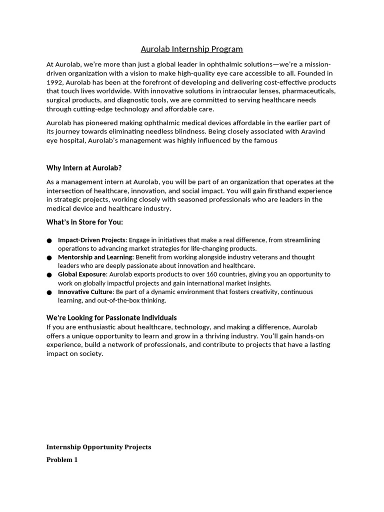 Aurolab Internship Program - Write Up | PDF | Marketing | Business