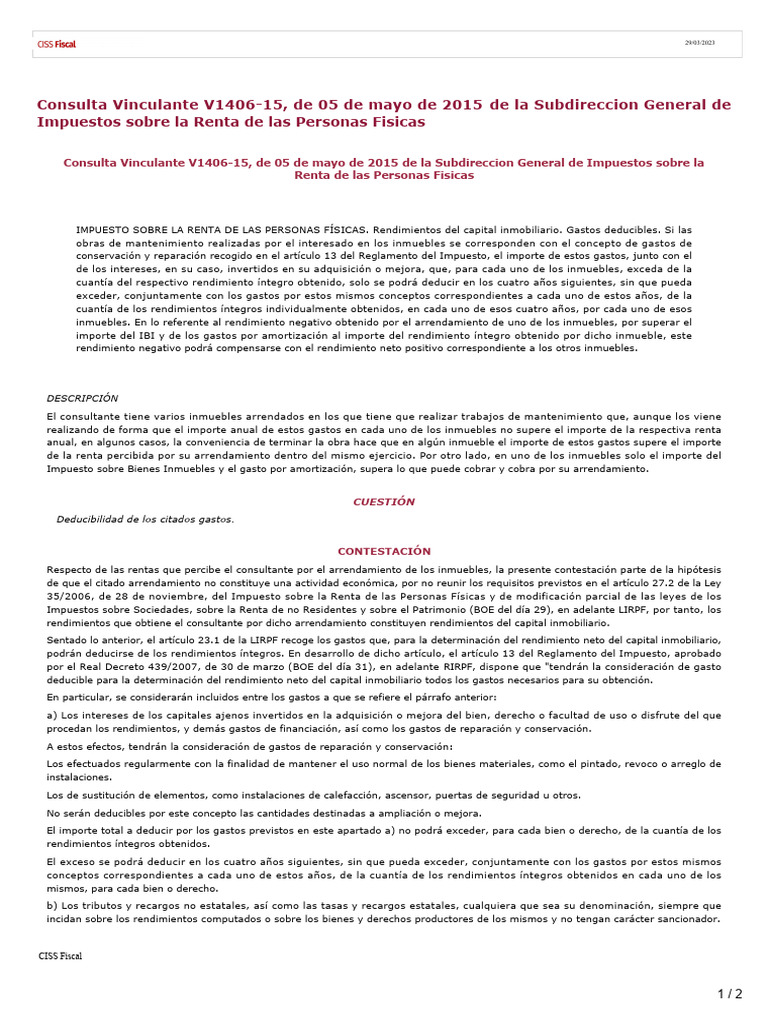 Consulta Vinculante V1406-15 de 05 de Mayo de 2015 Sobre Obras de Conservación y Mantenimiento ...
