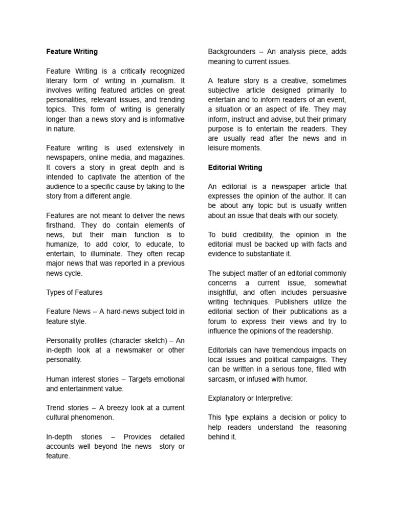 Understanding Feature Writing in Journalism | PDF | News | Newspapers