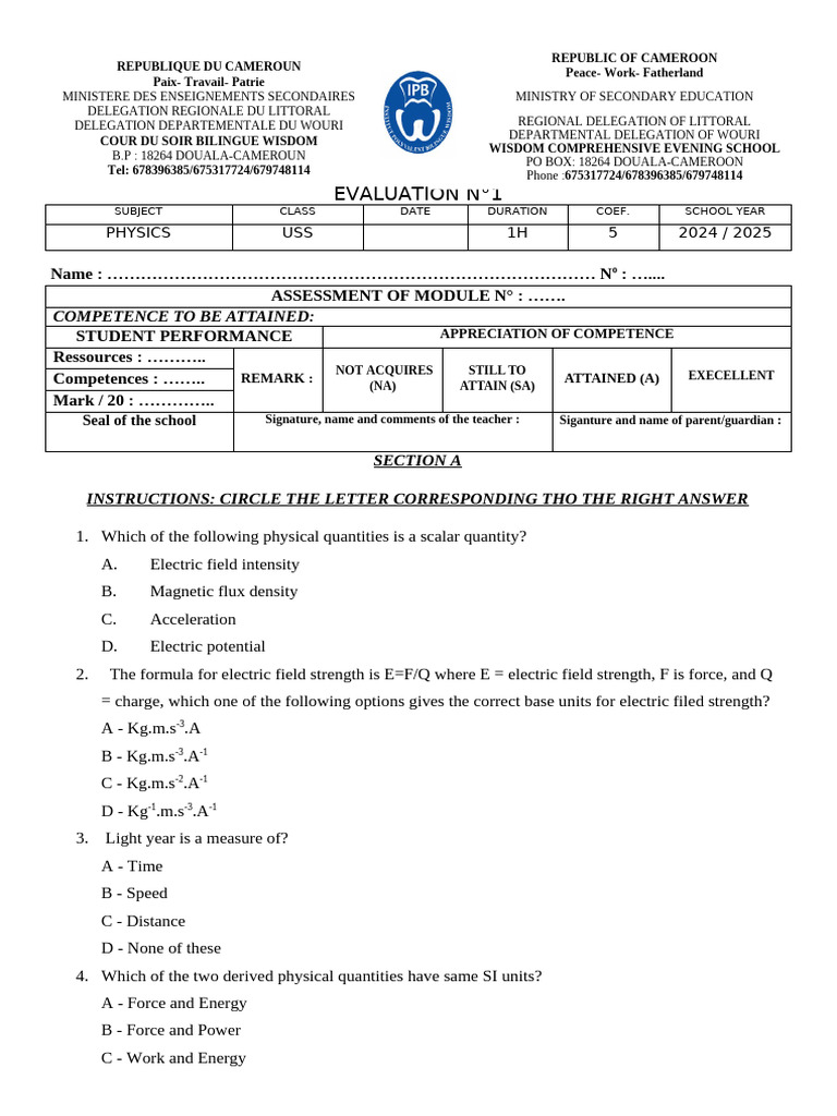 PHYSICS USS EVAL 1 | PDF | Electrical Resistivity And Conductivity | Temperature
