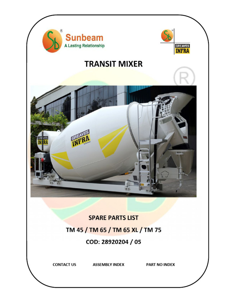 Sunbeam Transit Mixer Spares Manual - TM 45-65-65XL-75 | PDF