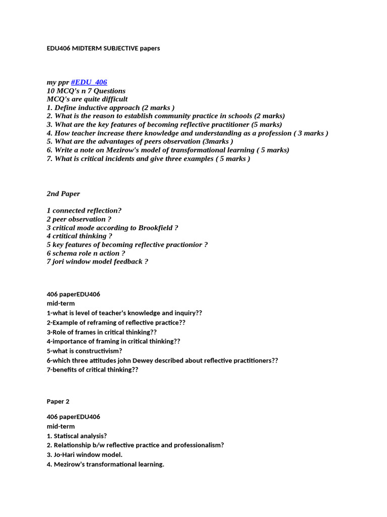 EDU406 MIDTERM SUBJECTIVE Papers | PDF