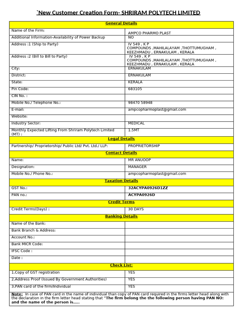 CUSTOMER CREATION FORM _AMPCO | PDF | Payments