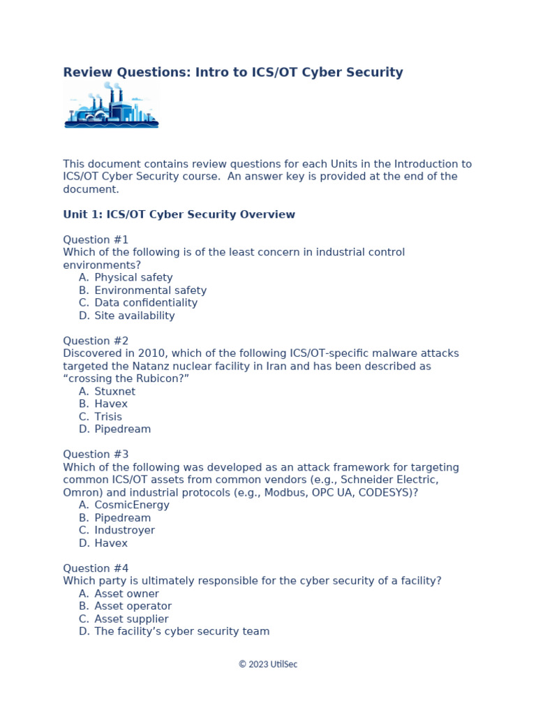 Intro To ICS OT Cyber Security - Review Questions | PDF | Programmable Logic Controller | Security
