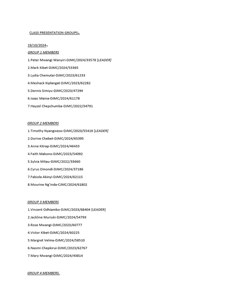 Class Presentation Groups | PDF