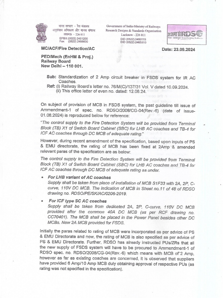 Letter - RB - en HM - Standardization 2 Amp MCB in FSDS | PDF