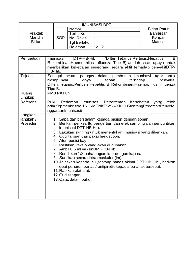 SOP IMUNISASI DPT | PDF