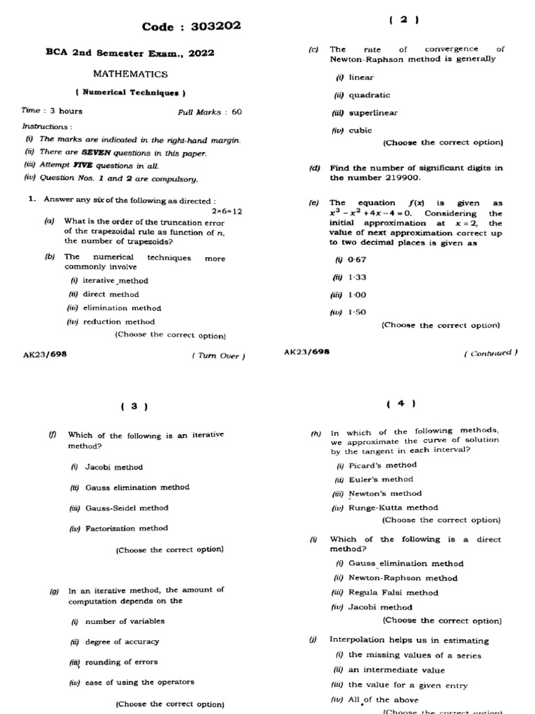 Bca 2 Sem Mathematics Numerical Techniques 303202 2022 | PDF