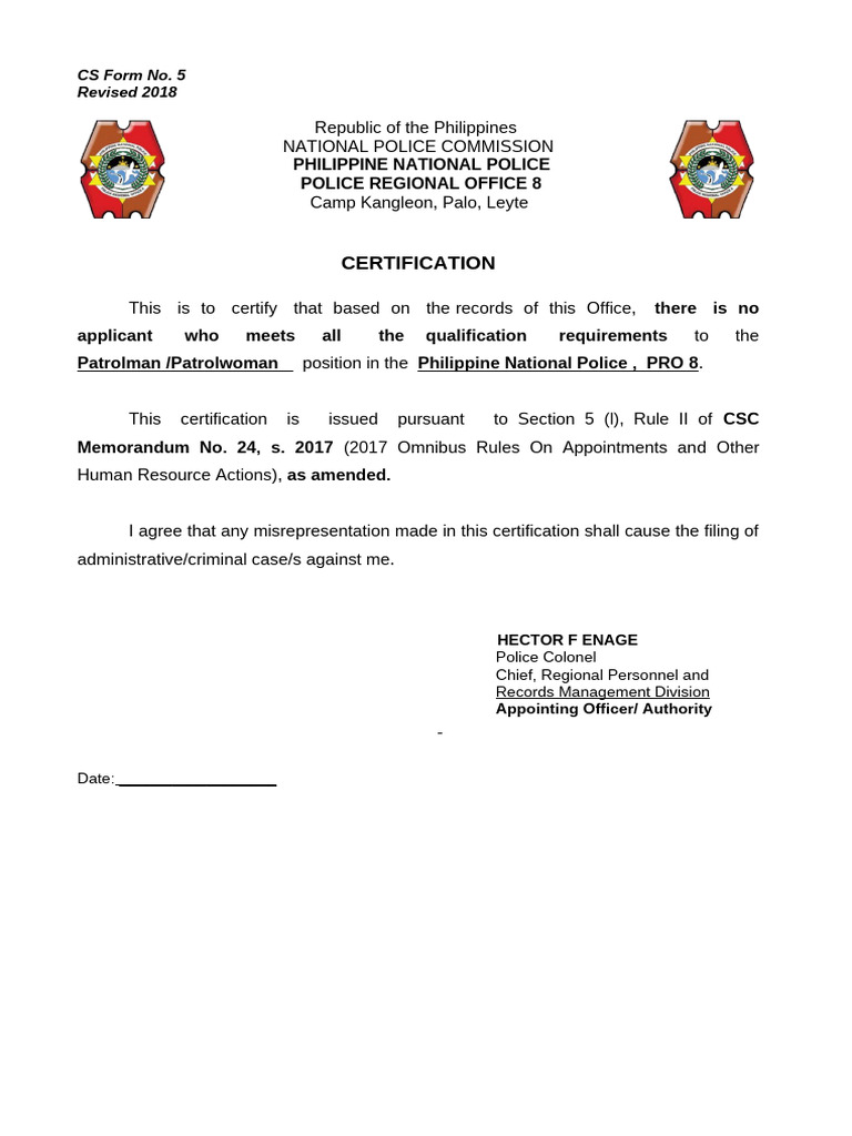 CS Form No. 5 Revised 2018 | PDF