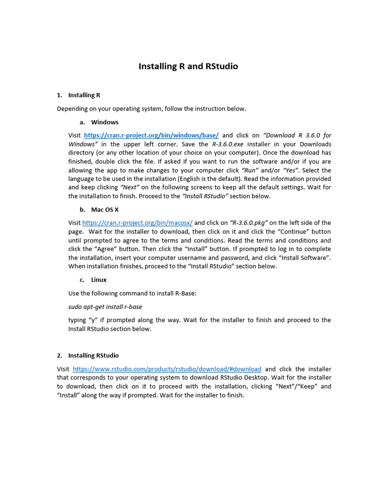Install R and RStudio Instructions | PDF | Installation (Computer ...