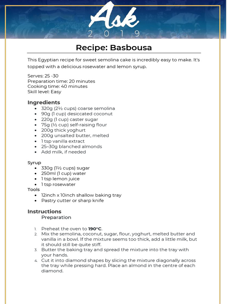 Basbousa Recipe | PDF