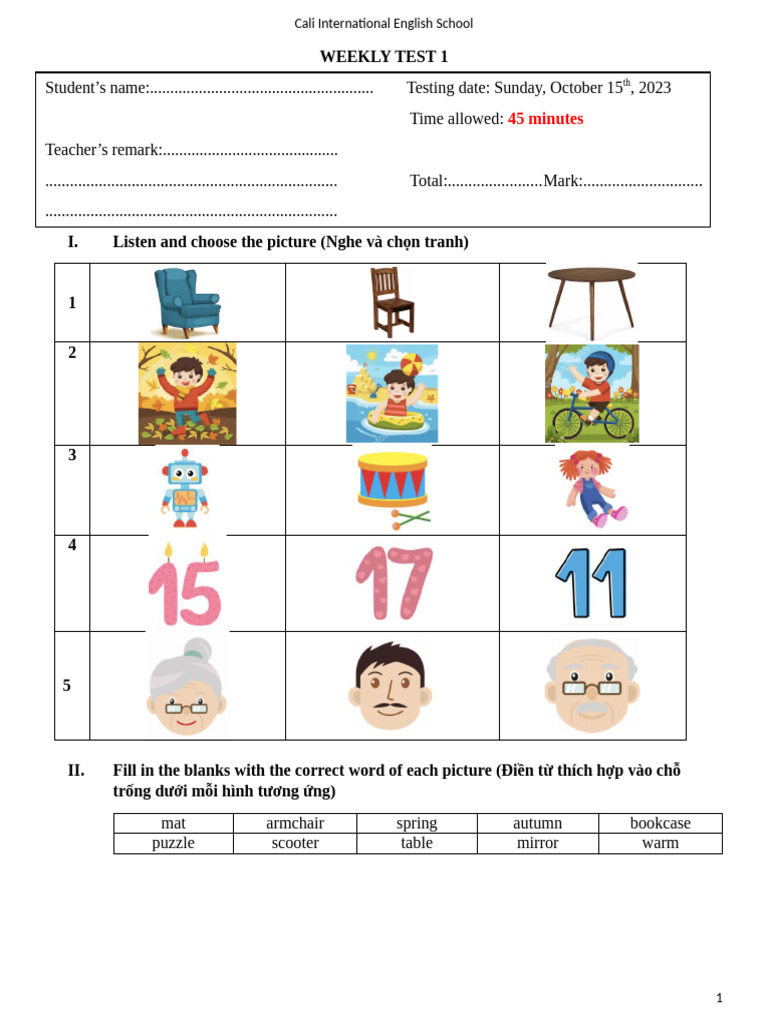 WEEKLY TEST 1 - Ngày 15 Tháng 10 | PDF