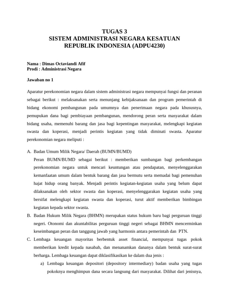 ADPU4230 Sistem Administrasi Negara Kesatuan Republik Indonesia T3 | PDF