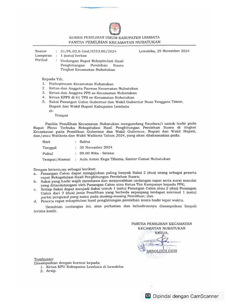 Contoh Undangan Pleno Rekapitulasi PPK | PDF
