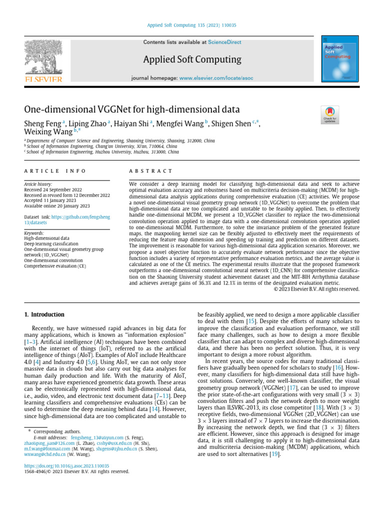 One Dimensional VGGNet For High Dimensional Data - 2023 - Applied Soft Computing | PDF ...