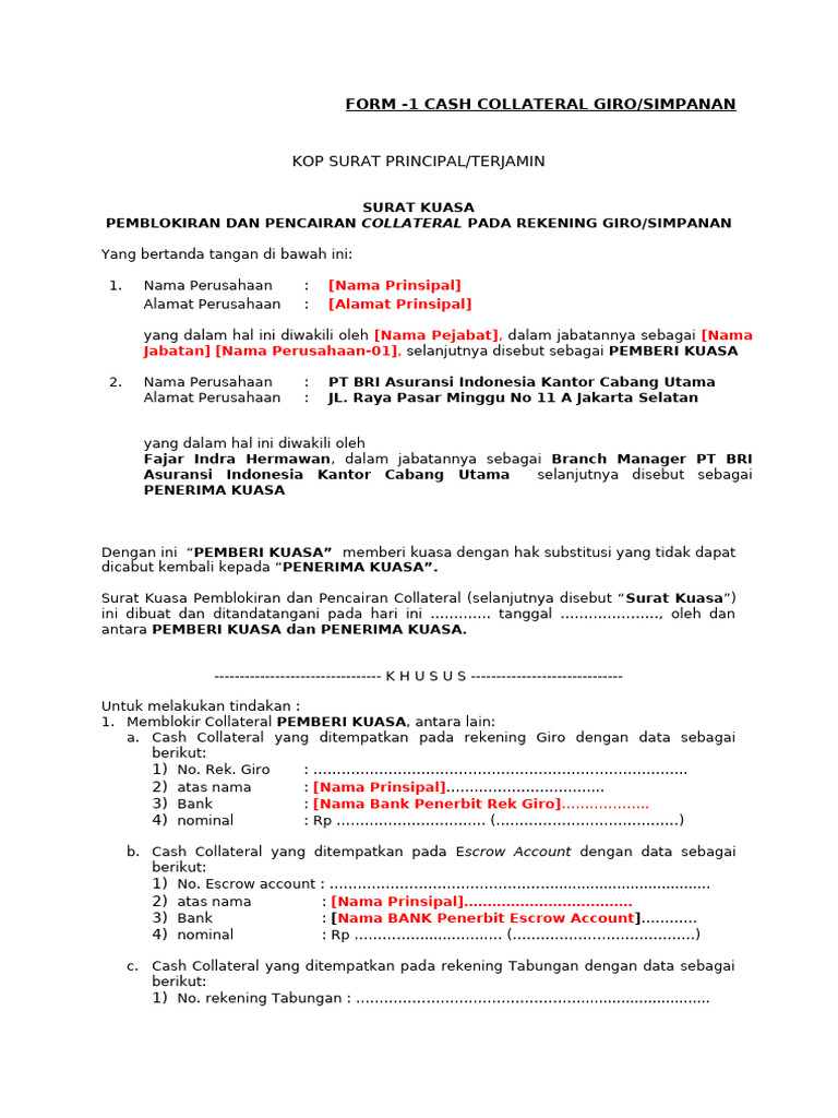 Form 13 - KBG (Surat Kuasa Pemblokiran Cash Collateral) | PDF