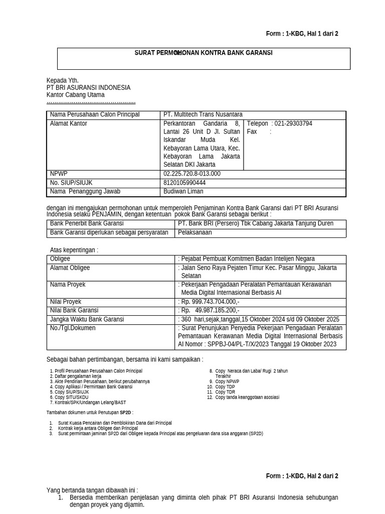 Form 1 - KBG (SURAT PERMOHONAN KONTRA GARANSI BANK) - R1 | PDF