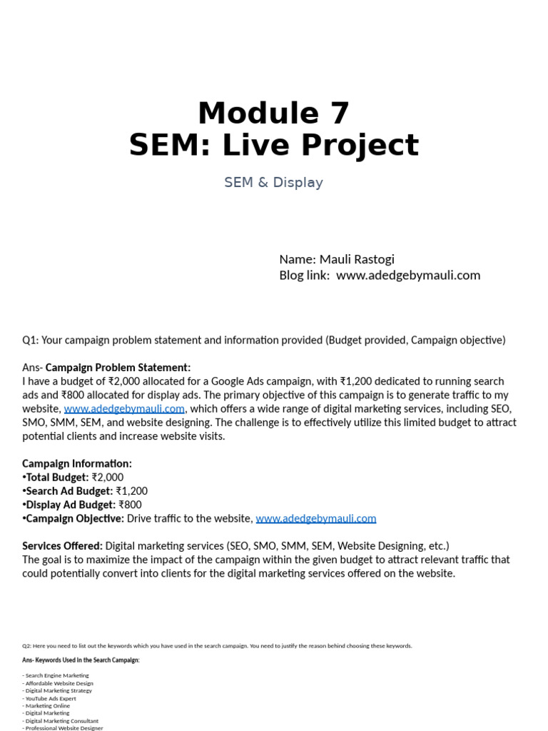 MICA SEM&display Liveproject Template+ (2) + | PDF | Digital Marketing ...