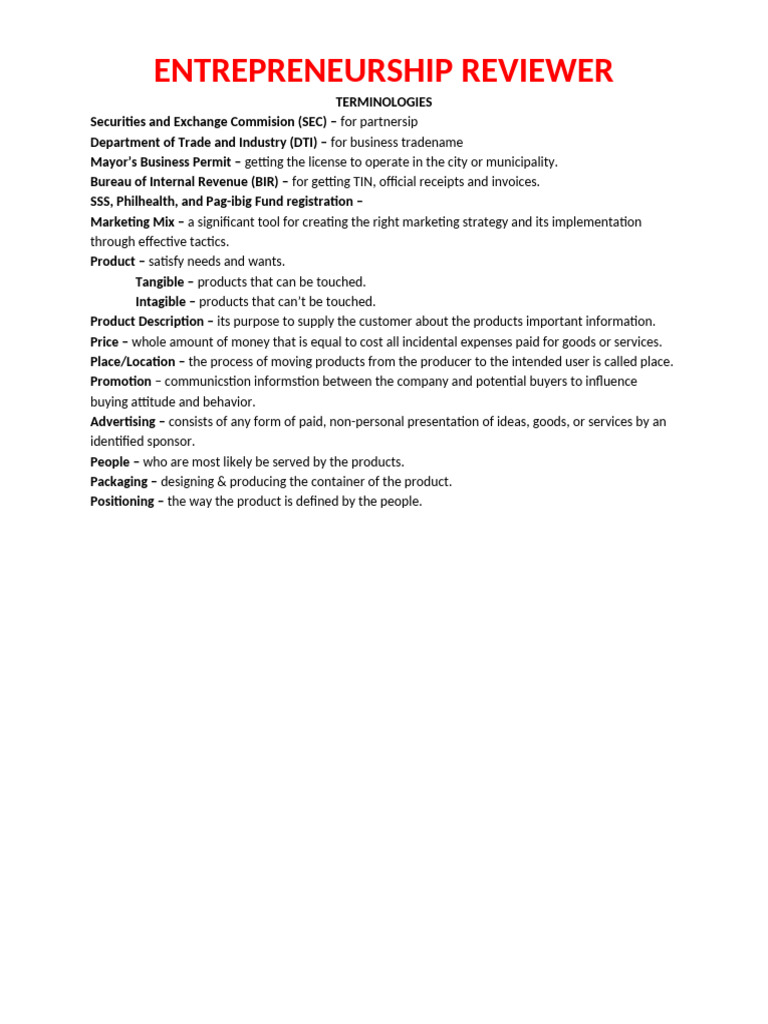 Entrepreneurship Key Terms Guide | PDF